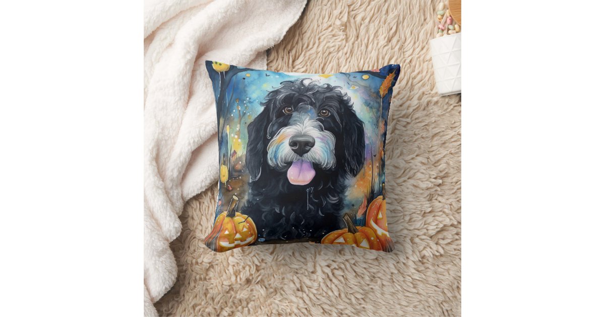 Halloween Bernedoodle With Pumpkins Scary Throw Pillow | Zazzle