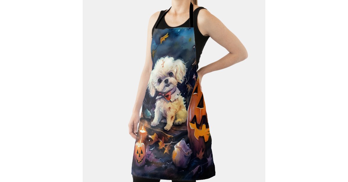 Halloween Bichon Frise With Pumpkins Scary Apron | Zazzle