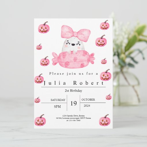 Halloween Birthday watercolor pink pumpkin ghost Invitation | Zazzle