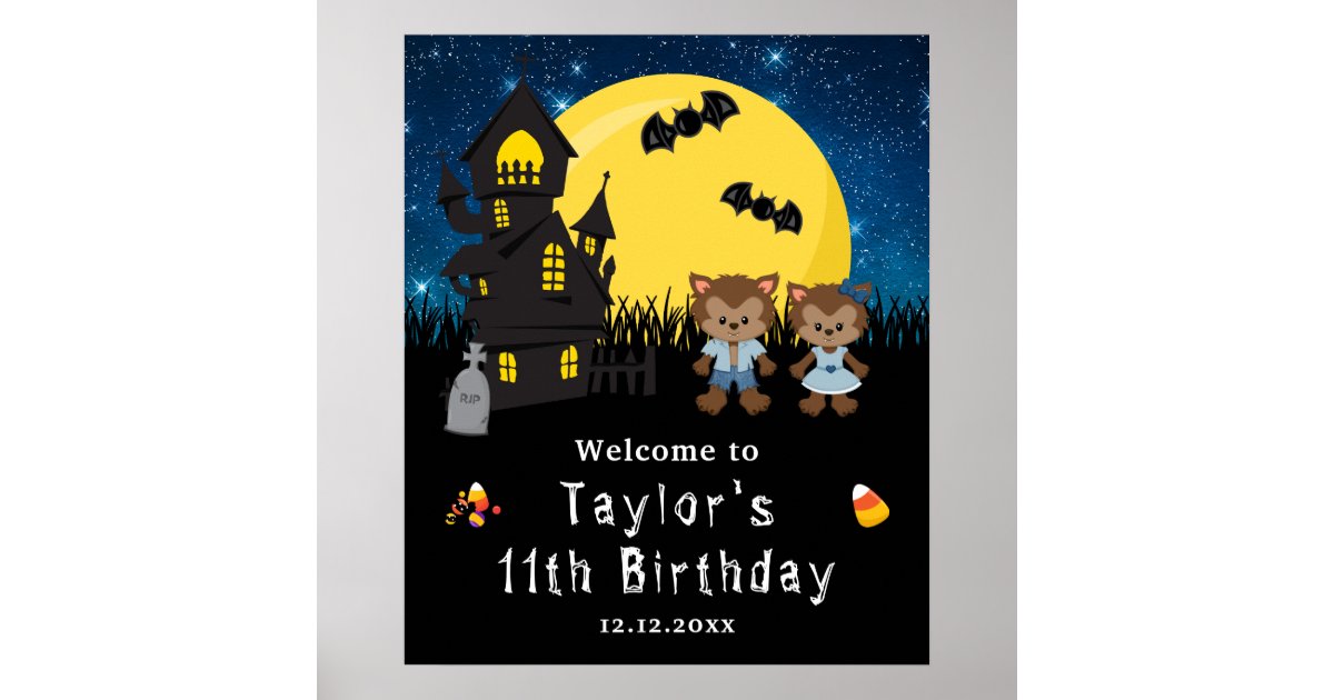 Halloween Birthday Werewolf Blue Welcome Sign | Zazzle