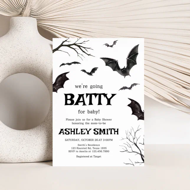 Halloween Black and White Bats Baby Shower Invitation | Zazzle