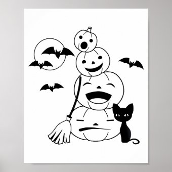 Halloween Black Cat and Pumpkins Coloring Page Poster | Zazzle
