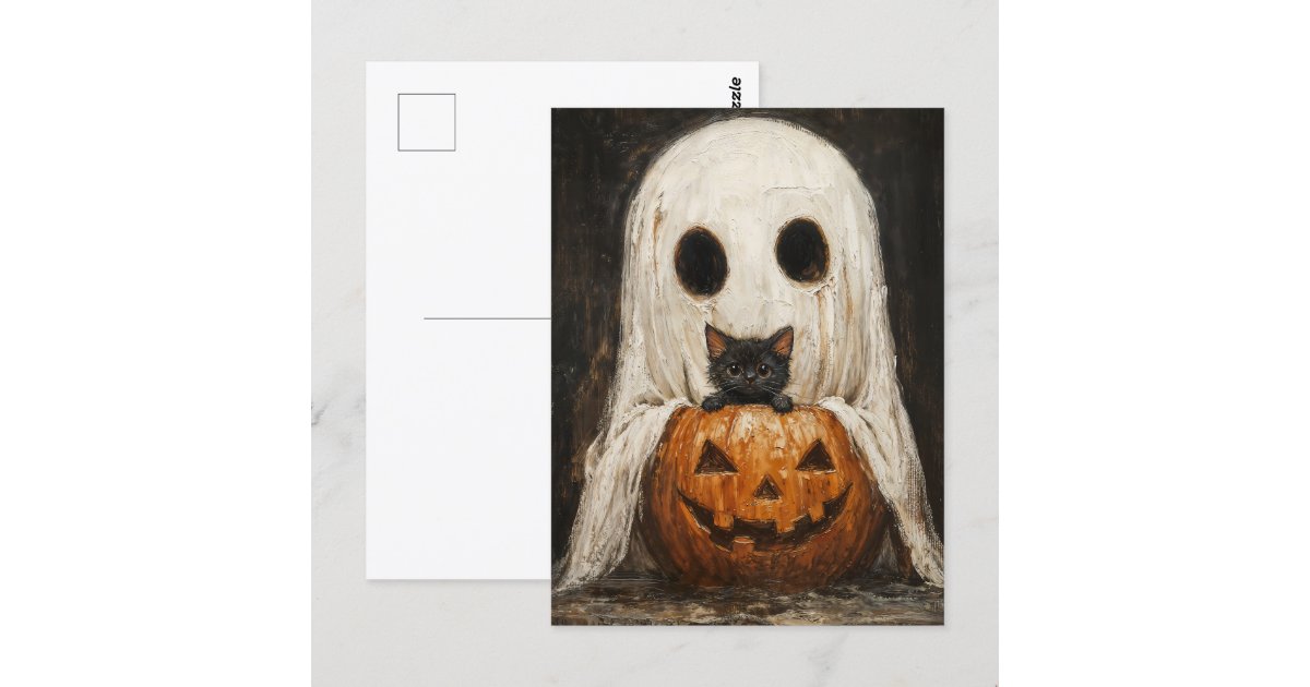 Halloween Black Cat & Ghost - Cute Spooky Postcard | Zazzle