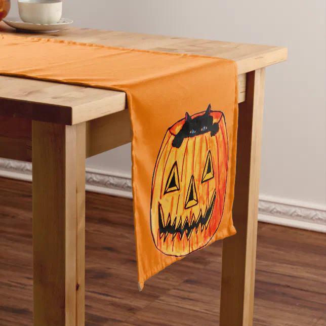 HALLOWEEN BLACK CAT IN PUMPKIN table runner | Zazzle