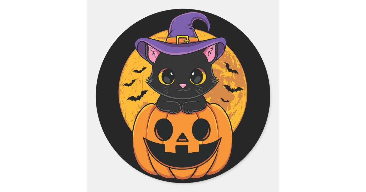 Halloween Black Cat Witch Hat Pumpkin For Kids Gir Classic Round ...
