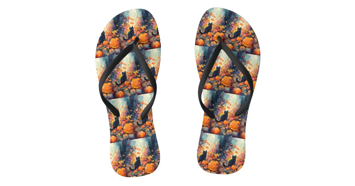Halloween Black Cat With Pumpkins Scary Flip Flops | Zazzle