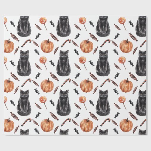 Halloween Black Cats, Pumpkins and Treats Wrapping Paper | Zazzle