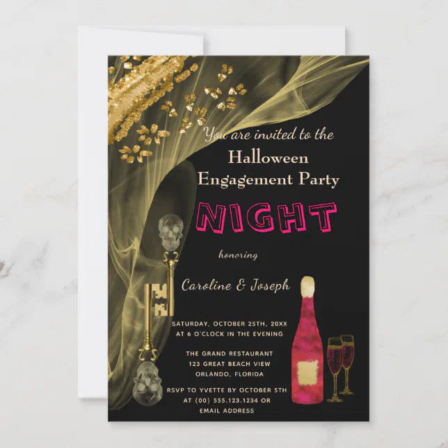 Halloween Black & Gold Skull Keys Engagement Party Invitation | Zazzle