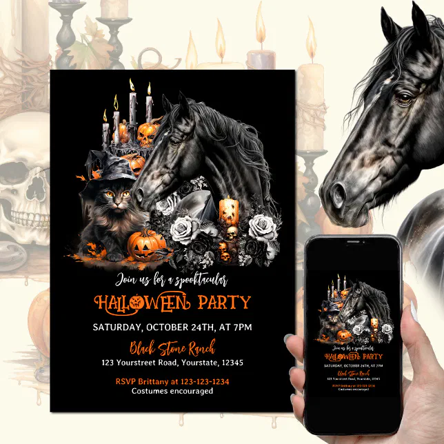 Halloween black Horse black Cat spooky Invitation | Zazzle