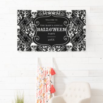 Halloween Black White Vintage Gothic Skull Damask Banner | Zazzle