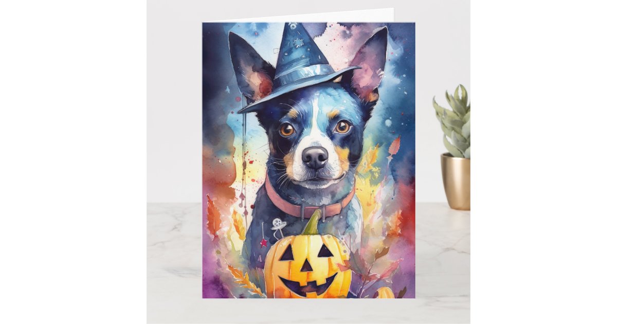 Halloween Blue Heeler With Pumpkins Scary Card | Zazzle