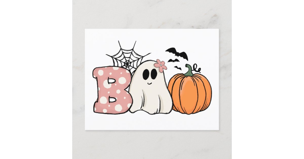 Halloween Boo Ghost Pumpkin Bats Cobweb Postcard | Zazzle