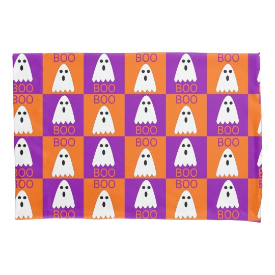 Halloween Boo Ghost Purple and Orange Squares Pillow Case | Zazzle.com