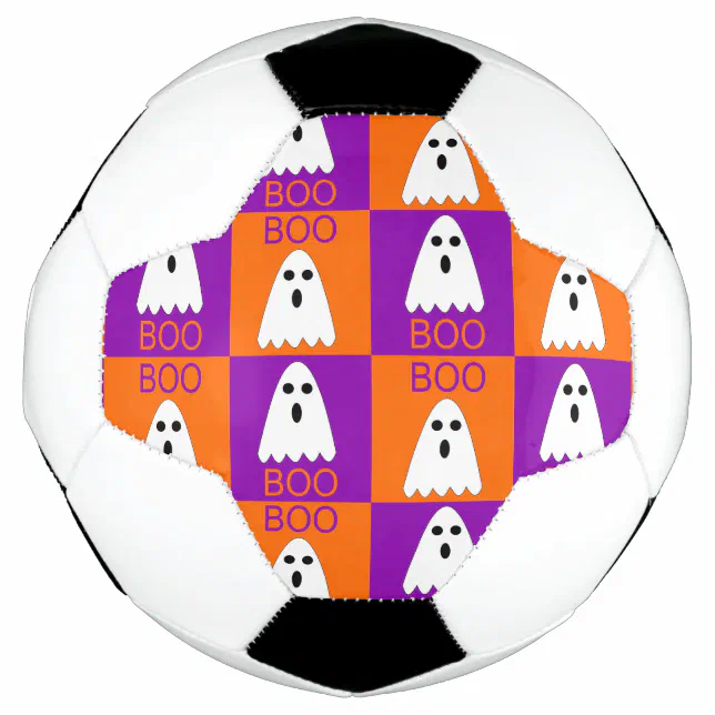 Halloween Boo Ghost Purple and Orange Squares Soccer Ball | Zazzle