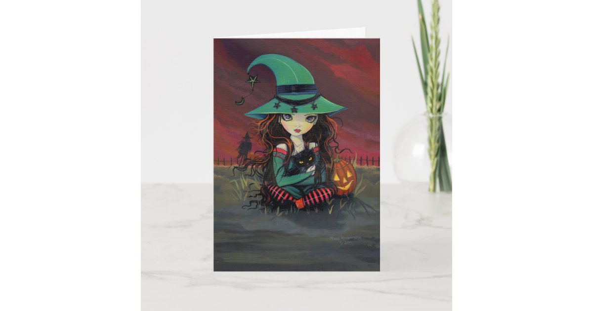 Halloween Card Cute Witch and Black Cat | Zazzle