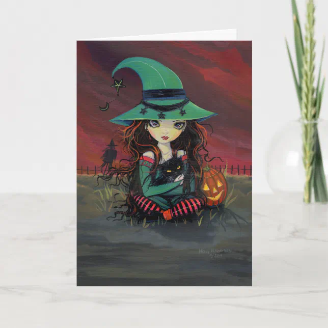 Halloween Card Cute Witch and Black Cat | Zazzle