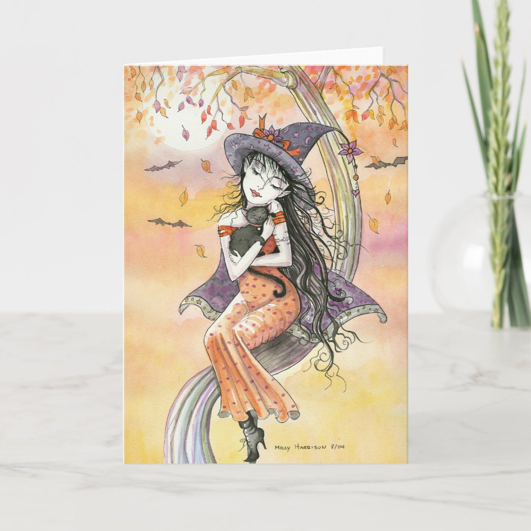 Halloween Card Witch Black Cat | Zazzle