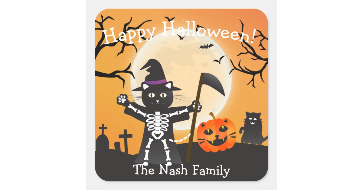 Halloween Cat Grim Reaper Square Sticker | Zazzle