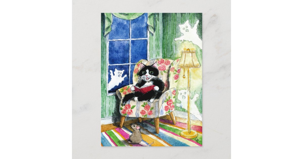 Halloween Cat Mouse Ghosts postcard | Zazzle