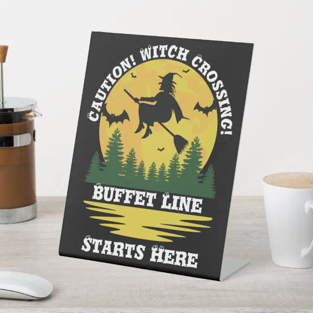 Halloween Caution Witch Crossing Flying Broomstick Pedestal Sign | Zazzle