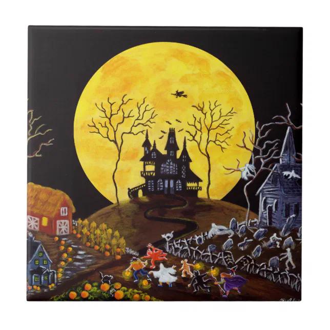 Halloween ceramic tile,haunted,house,graveyard tile | Zazzle
