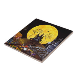 Halloween ceramic tile,haunted,house,graveyard tile | Zazzle