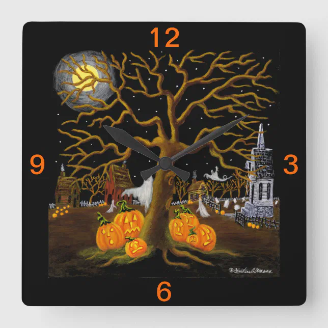 Halloween,clock,ghosts,Jack-O-Lanterns,graves Square Wall Clock | Zazzle