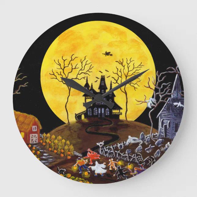 Halloween,clock,graveyard,ghosts,witch,church Large Clock | Zazzle