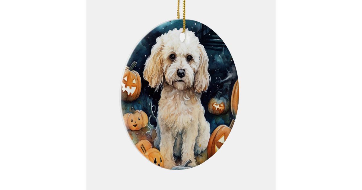 Halloween Cockapoo With Pumpkins Scary Ceramic Ornament | Zazzle