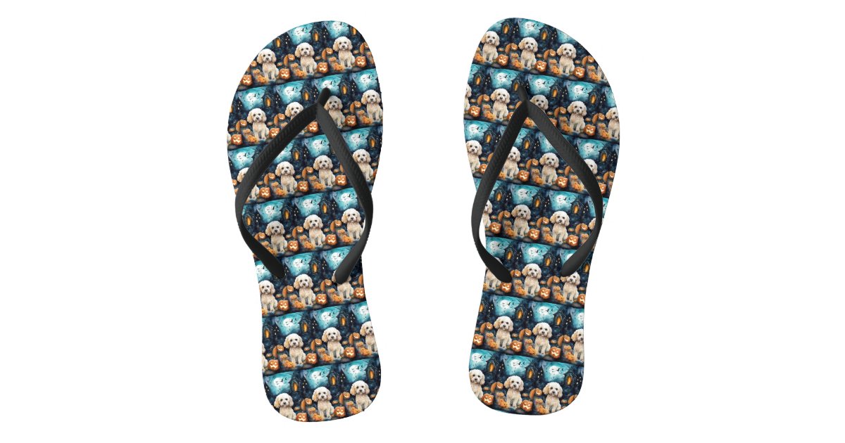 Halloween Cockapoo With Pumpkins Scary Flip Flops | Zazzle