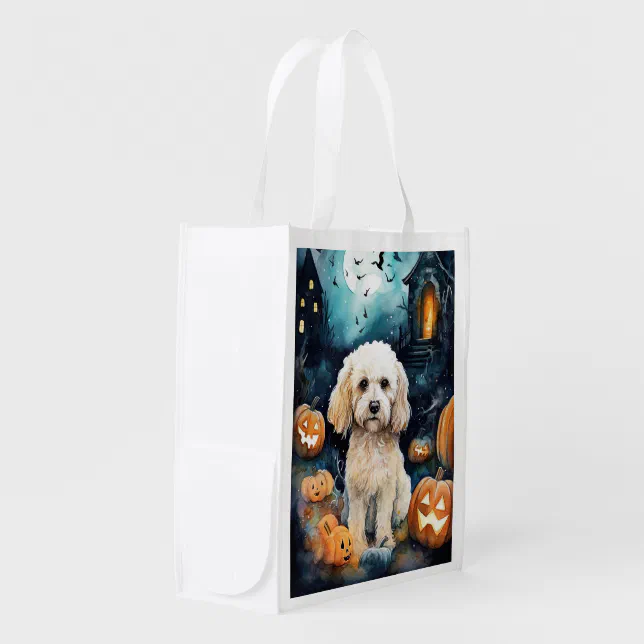 Halloween Cockapoo With Pumpkins Scary Grocery Bag | Zazzle