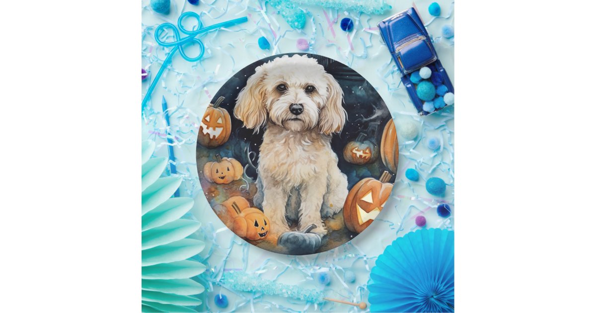 Halloween Cockapoo With Pumpkins Scary Paper Plates | Zazzle