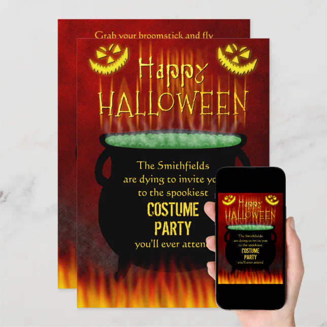 Halloween Costume Party Cauldron Fire Invitation | Zazzle