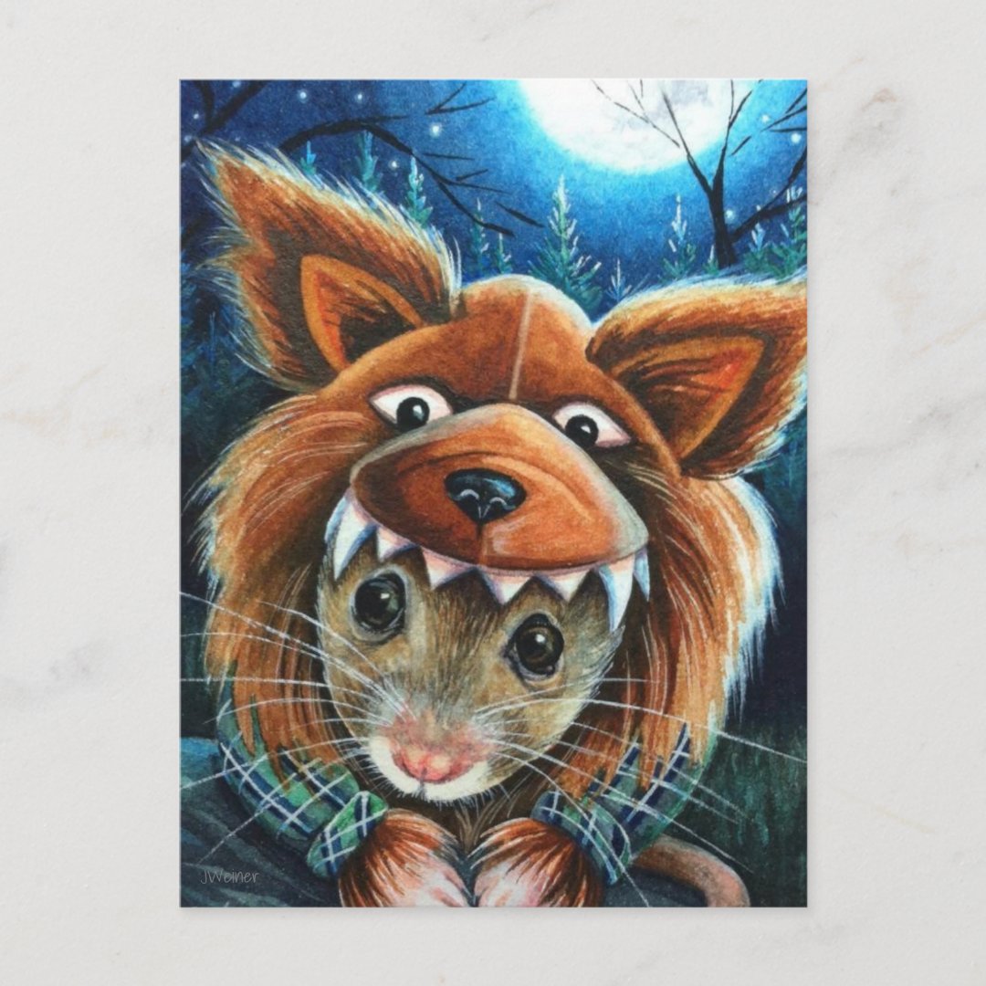 Halloween Costume Werewolf Mouse Watercolor Art Postcard | Zazzle