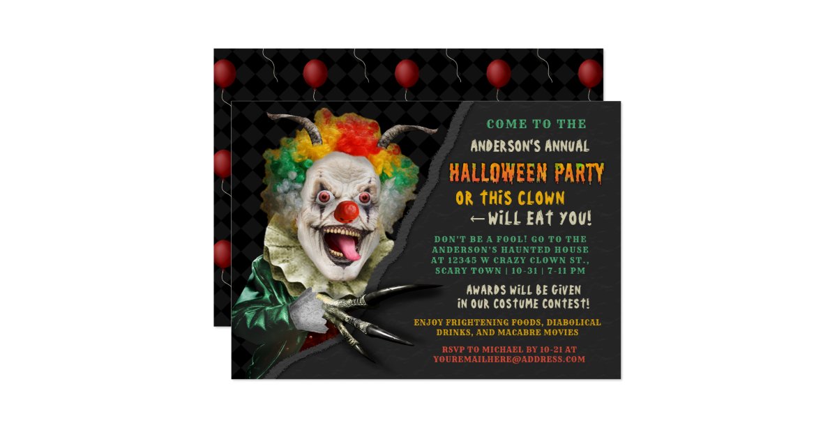 Halloween Creepy Clown Funny Adult Scary Party Invitation | Zazzle.com