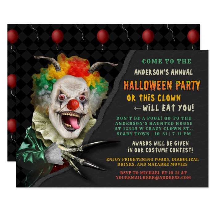 Halloween Creepy Clown Funny Adult Scary Party Invitation | Zazzle.com