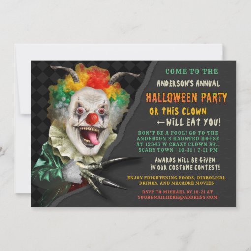 Halloween Creepy Clown Funny Adult Scary Party Invitation | Zazzle