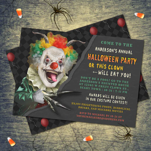 Halloween Creepy Clown Funny Adult Scary Party Invitation | Zazzle