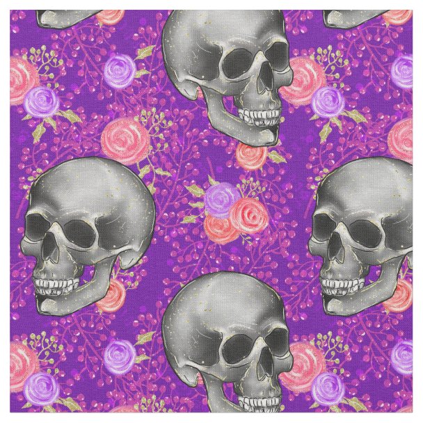 Halloween Floral Roses Scary Creepy Skull Glitter Fabric | Zazzle