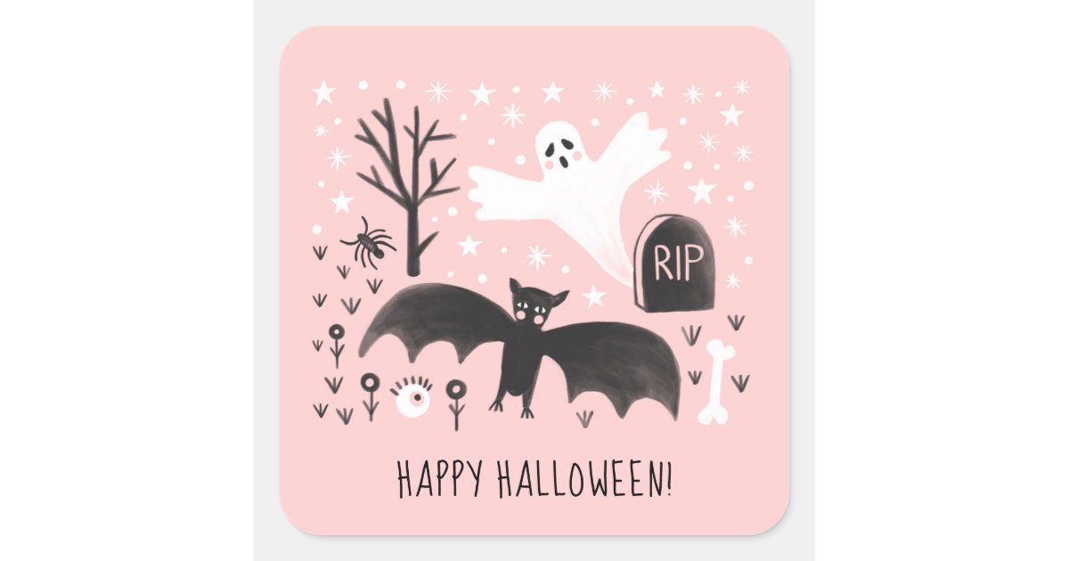 Halloween Cute Ghost Bat Black Pink Illustration Square Sticker | Zazzle