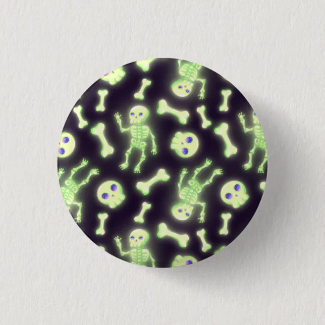 Halloween Cute Spooky Glowing Skeleton Bones Skull Button | Zazzle