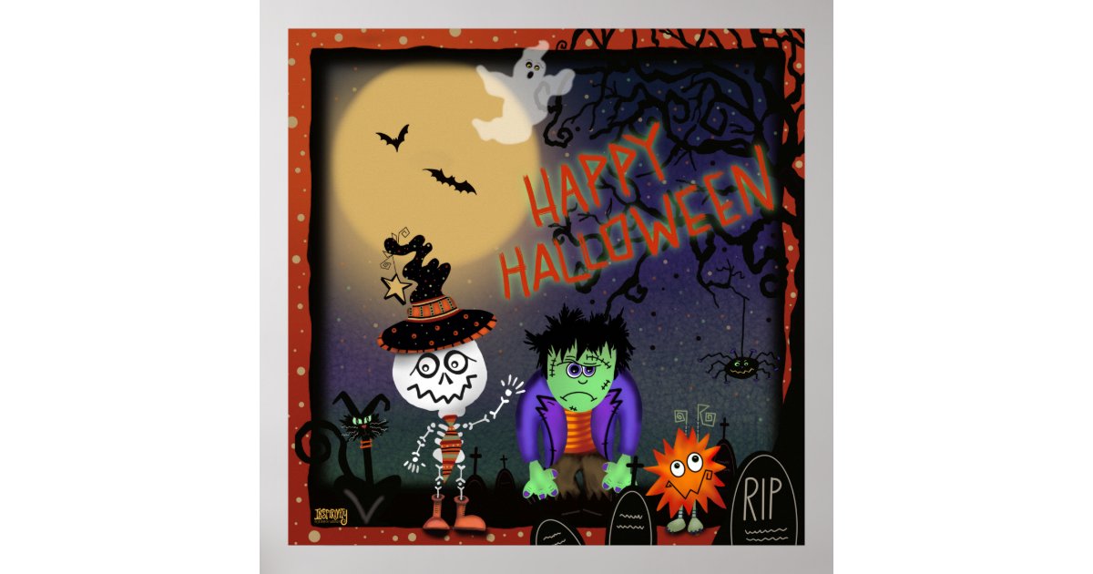 Halloween Cute Spooky Skeleton Cat Monsters Poster | Zazzle
