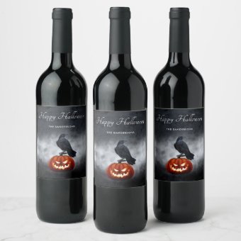 Halloween Evil Pumpkin and Raven Personalized Wine Label | Zazzle