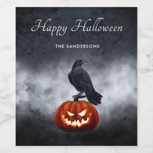 Halloween Evil Pumpkin and Raven Personalized Wine Label | Zazzle