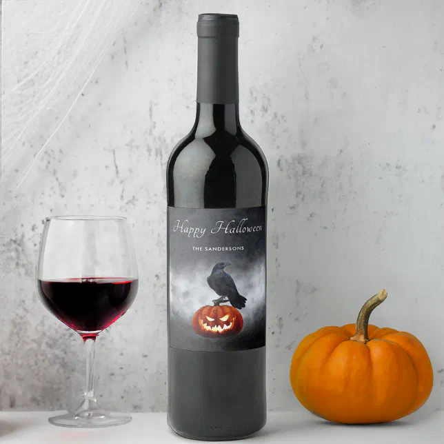 Halloween Evil Pumpkin and Raven Personalized Wine Label | Zazzle