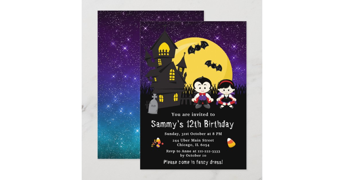 Halloween Fancy Dress Birthday Vampires Purple Invitation | Zazzle