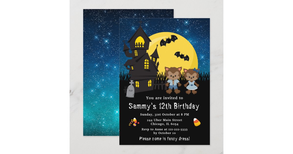 Halloween Fancy Dress Birthday Werewolf Blue Invitation | Zazzle