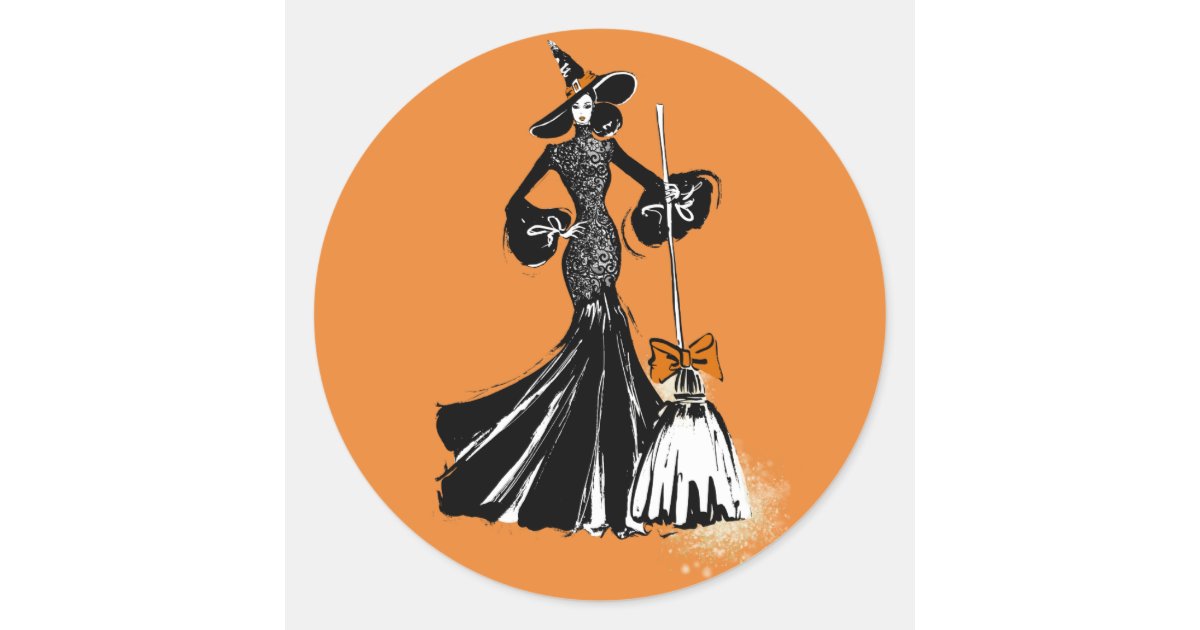 halloween fashionillustration with a broom classic round sticker | Zazzle