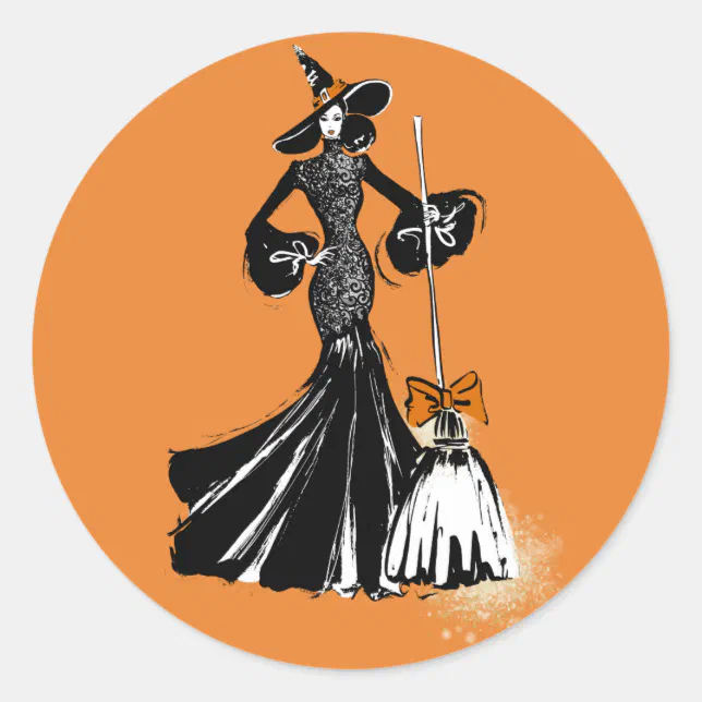 halloween fashionillustration with a broom classic round sticker | Zazzle