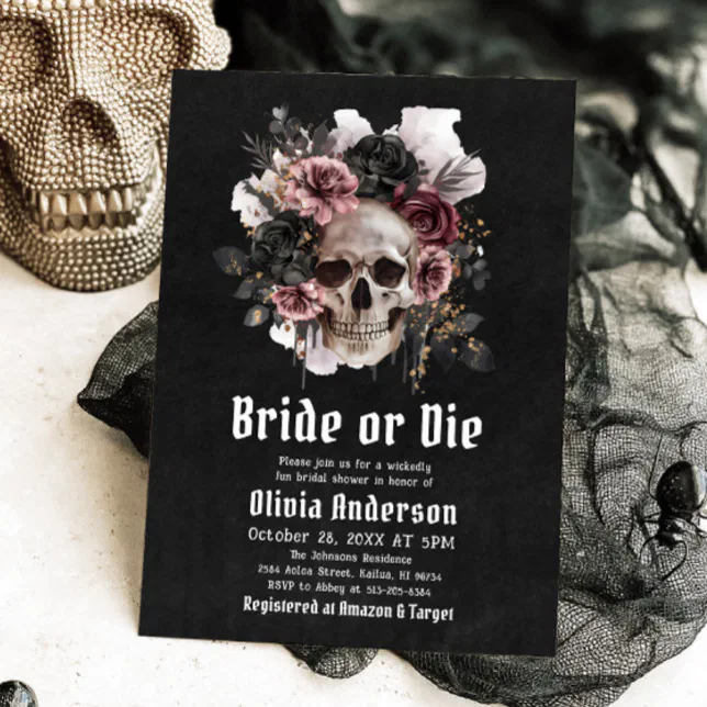 Halloween Floral Skull Bride or Die Bridal Shower Invitation | Zazzle